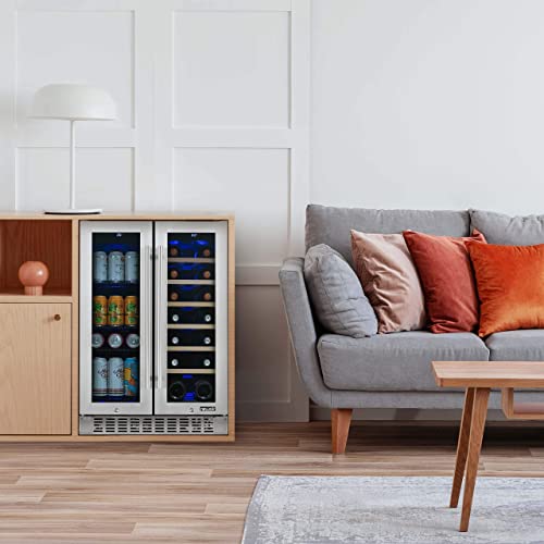 NewAir 24” Wine and Beverage Refrigerator, 18 Bottle and 60 Can Dual Zone Wine Fridge, Built-in Wine Cooler, Stainless Steel Mini Fridge for Bedroom, Kitchen Cabinet, Bar Cabinet, Home Office