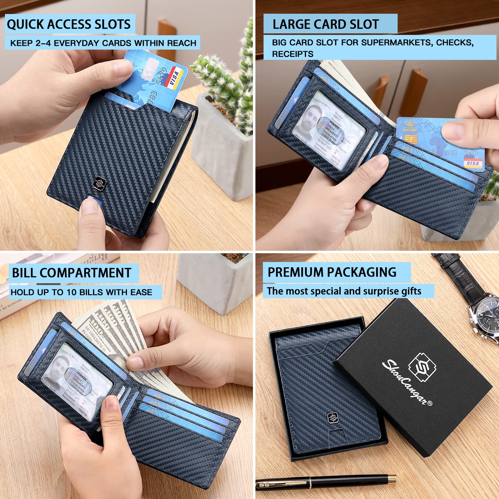 SHOUCANGAR Mens Wallets Slim Bifold Wallets for Men Front Pocket Wallets RFID Blocking Credit Card Gift Cards Holder for Men with 12 Slots (A Dark blue)