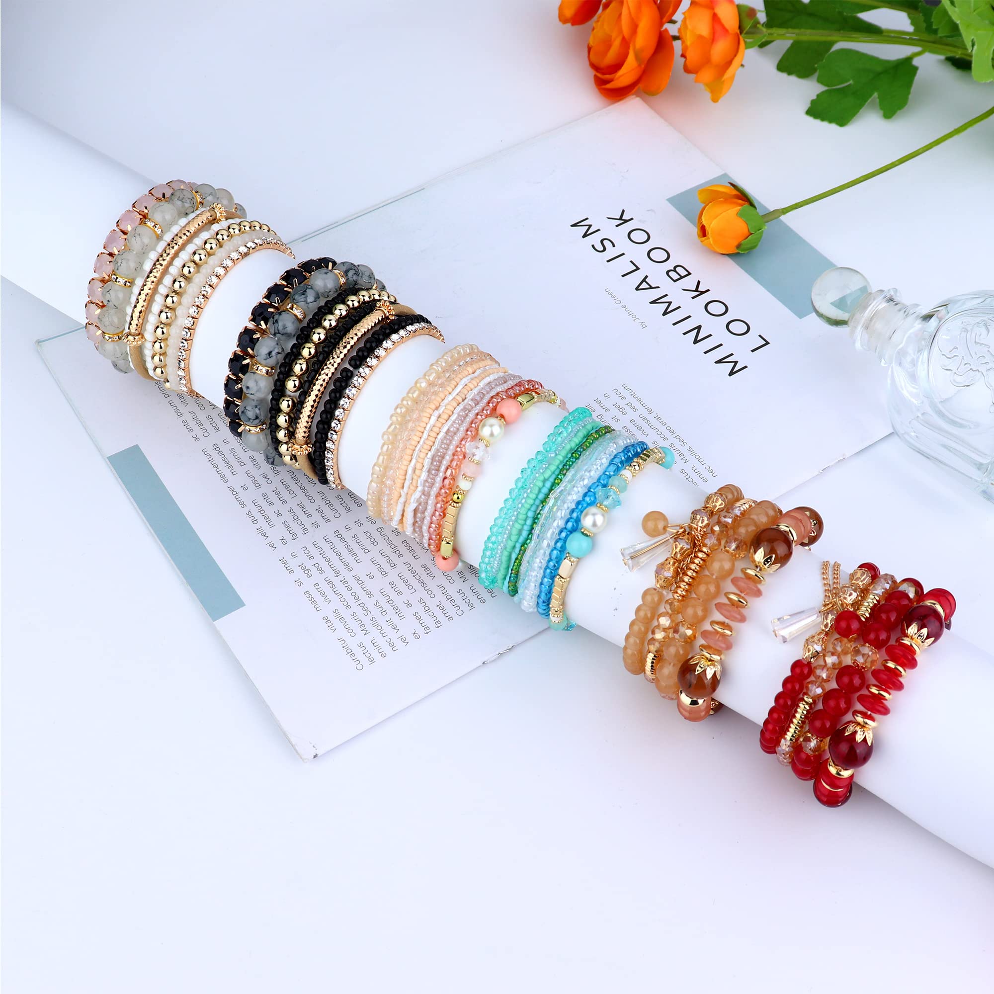THUNARAZ 6 Sets Bohemian Beaded Bracelets for Women Multilayered Stackable Bracelet Pack Heart Pendant Crystal Bead Stretch Bracelet Trendy Adjustable Multicolor Jewelry