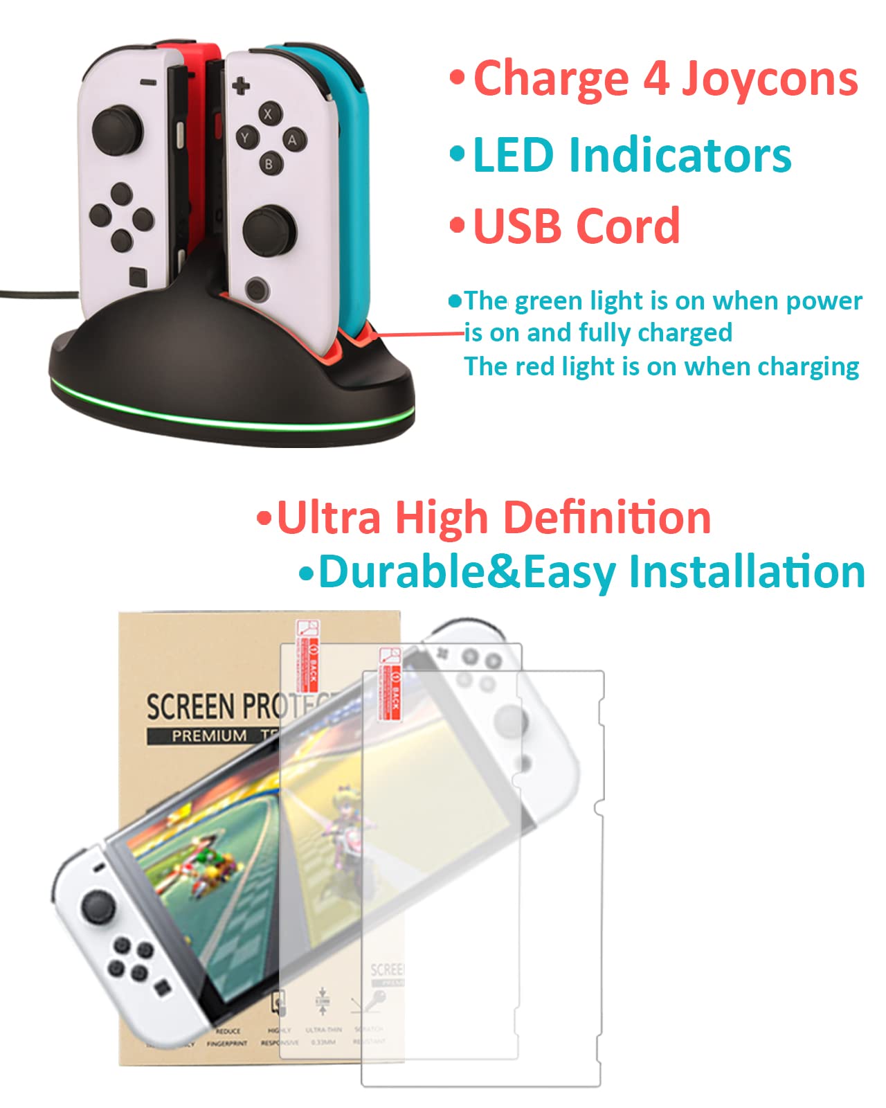 Switch Accessories OLED - Family Bundle Kit for Nintendo Switch OLED Console Users,28 in 1 Case and Screen Protector,Chargers Joy Con Grips Wheels and All Fun Accessories