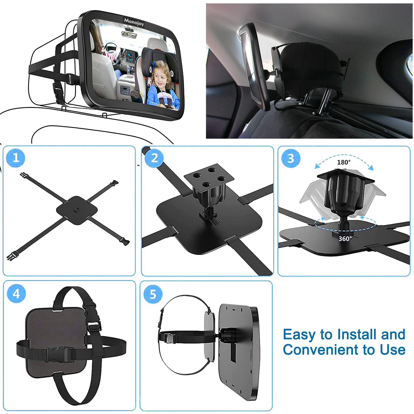 𝐌𝐎𝐍𝐎𝐉𝐎𝐘 Baby Car Mirror for Back Seat, Baby Car Seat Mirror, Safety and Wide Baby Rear View Mirror to See Rear Facing Infants, Babies, Kids and Child