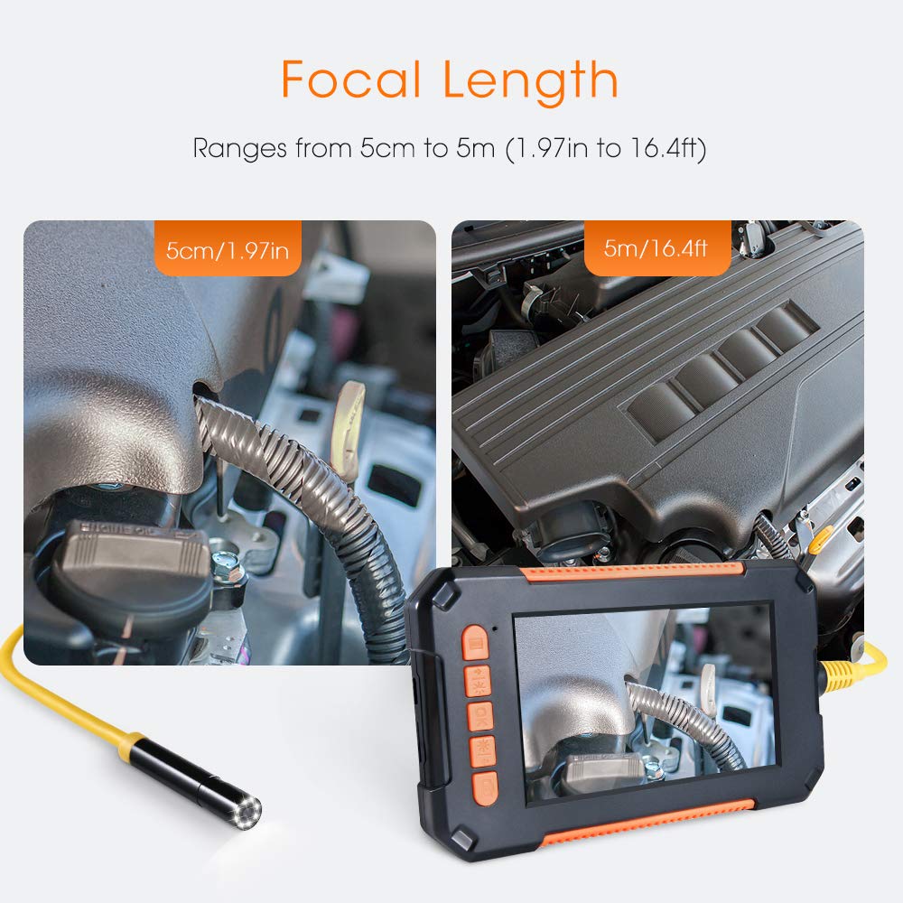 Ragu Endoscope Camera, 1080P HD Borescope 4.3” LCD Screen Inspection Camera IP67 Waterproof Industrial Endoscope with 8 Dimmable LEDs 16.4ft Semi-Rigid Cord