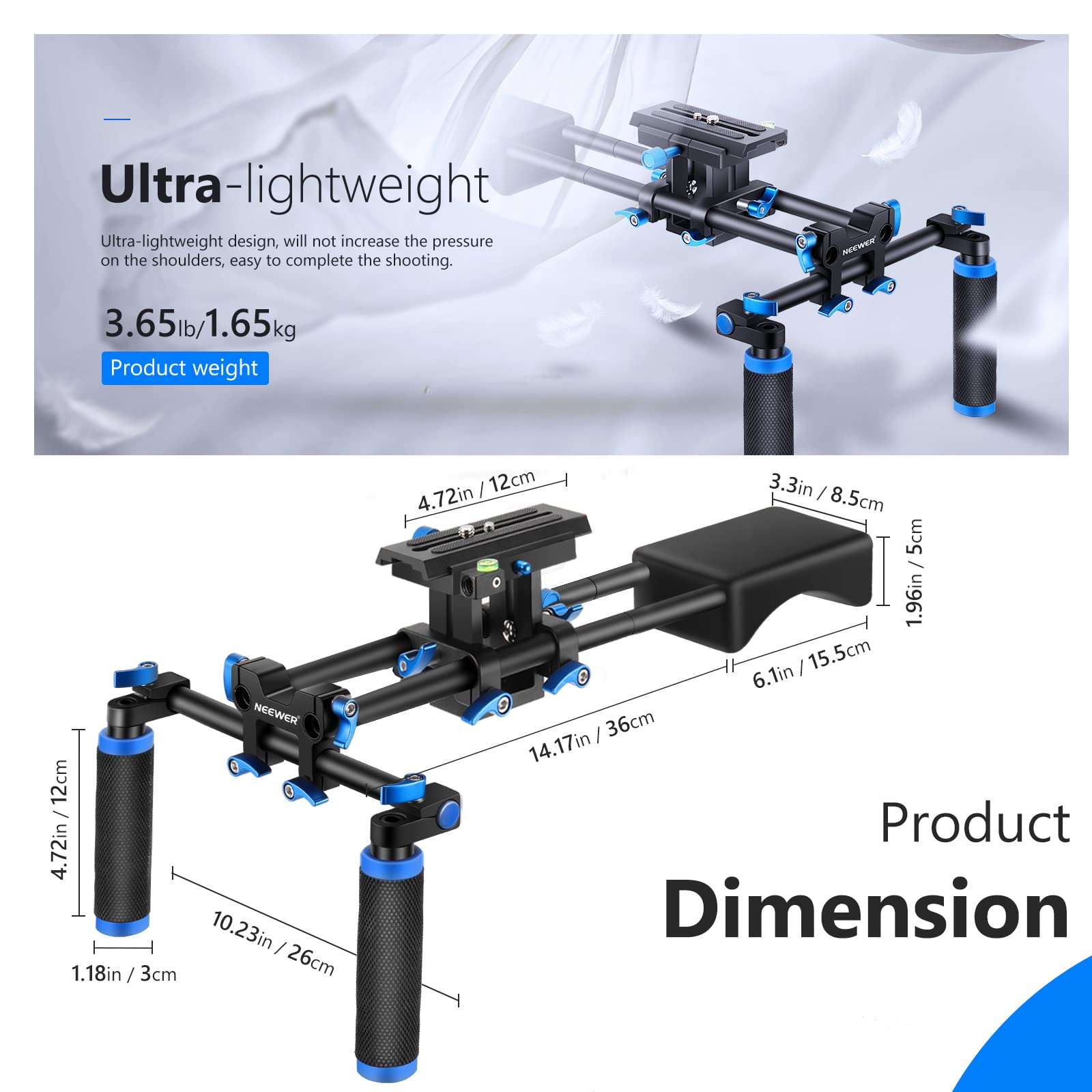 NEEWER Camera Shoulder Rig, Video Film Making System Kit for DSLR Camera and Camcorder with Soft Rubber Shoulder Pad and Dual Hand Grips, Compatible with Canon/Nikon/Sony, etc (Blue + Black)