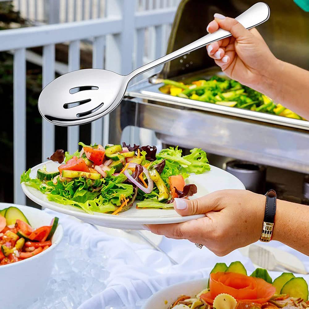 Serving Spoons Set, Oikejias 6 Pack Golden 8.7 Inches Buffet Serving Utensils 3 Mirror Polished Serving Spoons, 3 Slotted Spoons