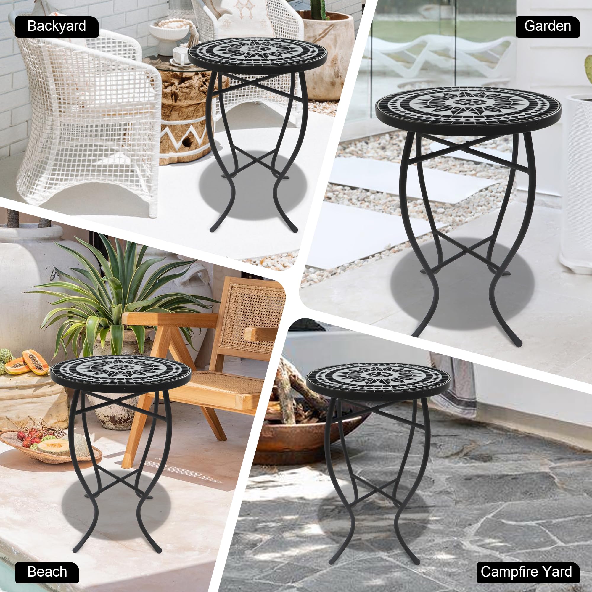 MOOOTTO Outdoor Side Table Mosaic 14 Inch Round Accent Table Plant Stand with Concrete Tile Top Patio End Table, Indoor and Outdoor Accent Table (Dark Blue)