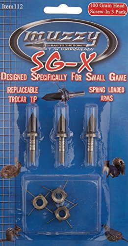 Muzzy 112 - SG-X Bowhunting Small Game Grasshoppers 100 Grain Broadhead, 3 Pack,Silver