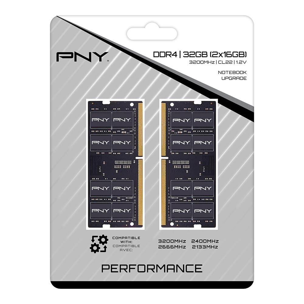 PNY Performance 32GB (2x16GB) DDR4 DRAM 3200MHz (PC4-25600) CL22 (Compatible with 2933MHz, 2666MHz, 2400MHz or 2133MHz) 1.2V Notebook/Laptop (SODIMM) Computer Memory Kit – MN32GK2D43200-TB