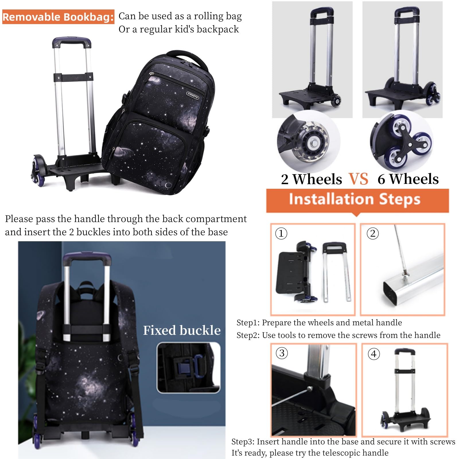 MITOWERMI Boys Rolling Backpacks Kids'Luggage Wheeled Bags Kids Trolley School Bags Space-Starry Sky Roller Bookbag with 6 Wheels