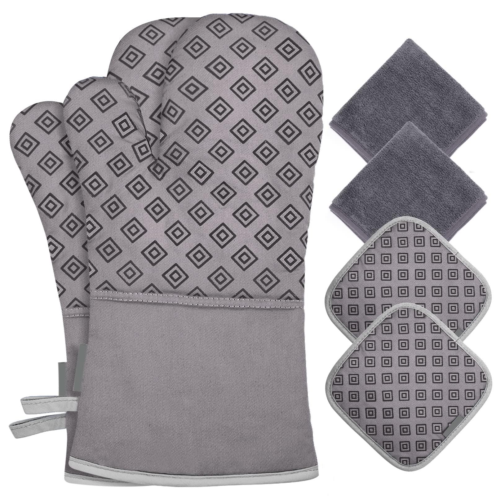 Oven Mitts and Pot Holders Kitchen: 500° Oven Gloves Silicone Ovenmitts Hotpads Set - Quilted Long Kitchen Mittens Potholders Washable Mits Hot Pads Flexibility for Baking