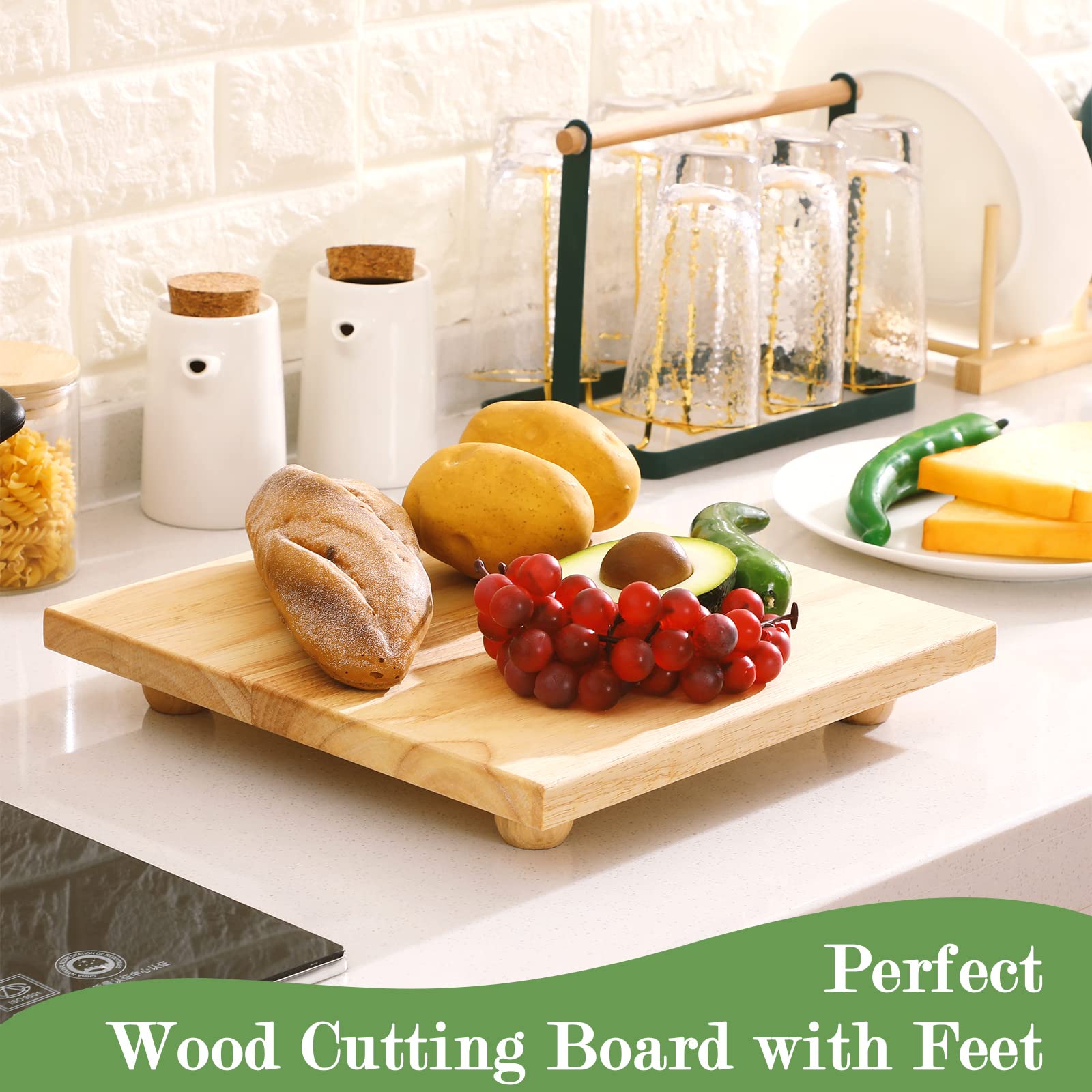 Wood Cutting Board with Feet Chopping Block Cutting Board Square Butcher Block with Legs Kitchen Chopping Board for Home Kitchen Charcuterie, 11.8 Inches Square, 2.6 Inches Thick