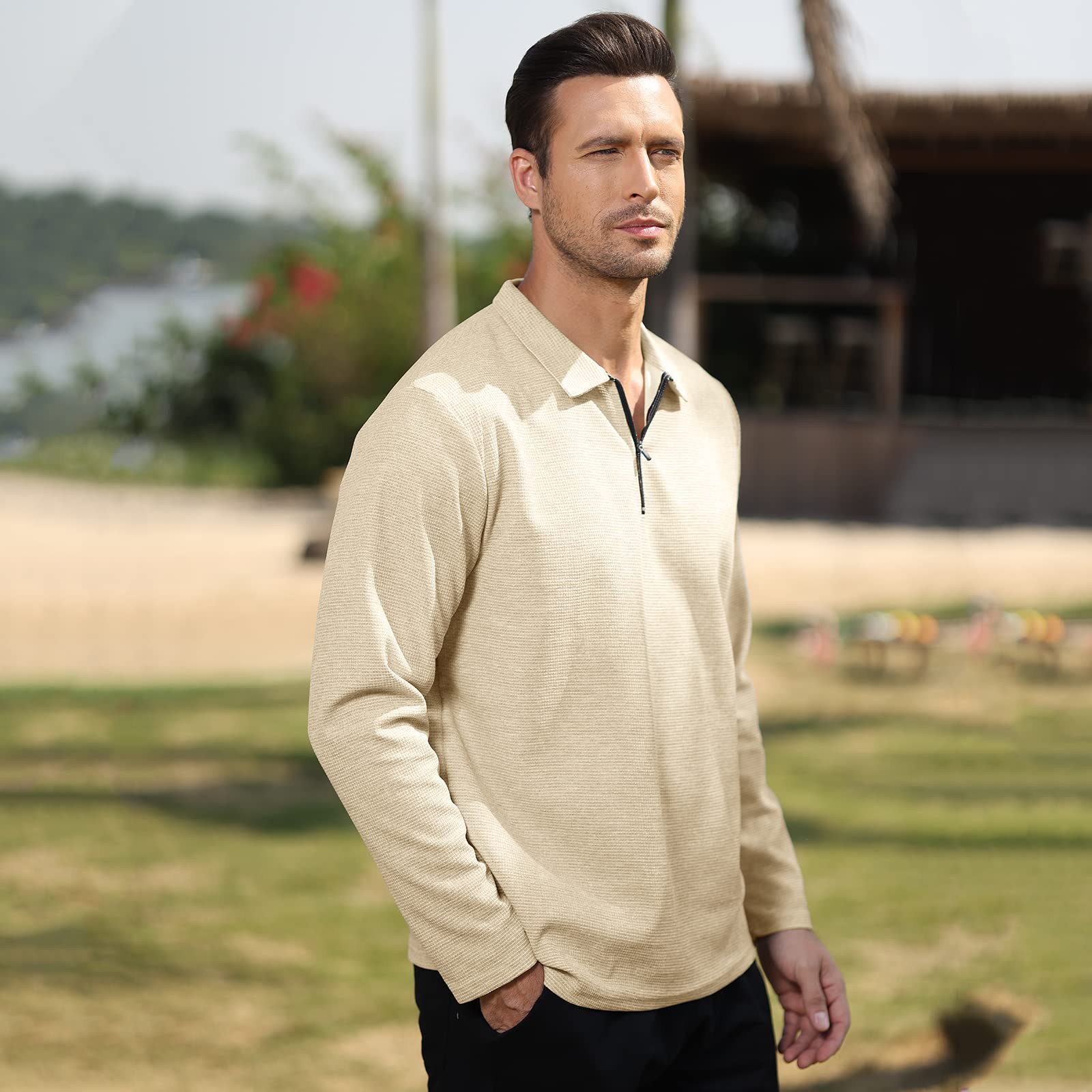 ThusFar Mens Short Sleeve Shirts Casual Slim Fit Waffle Golf Polo Shirt V-Neck Turn-Down Collar Zipper Active Shirts Khaki01 L
