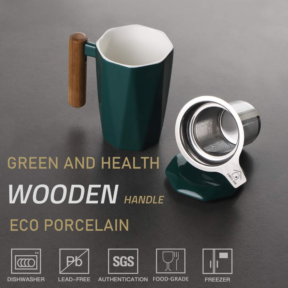 Sweejar Porcelain Tea Mug with Infuser and Lid, Wooden Handle, 17 Ounce, Geometric Shape Tea Cup for Steeping, Tea Lover, Gift, Home, Office (Jade)