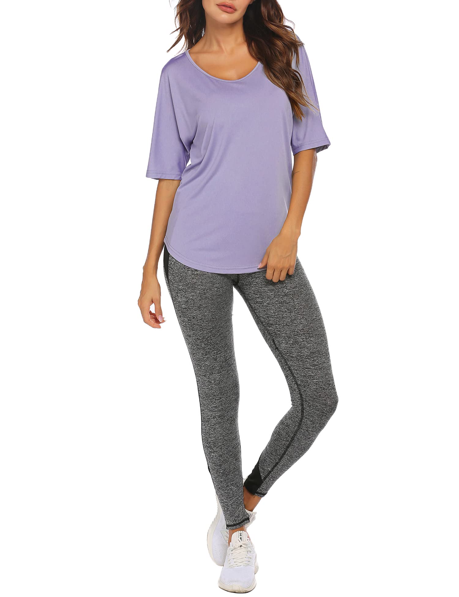 Yoga Tops for Women Open Back Workout Tops Short Sleeve Backless Cute Quick Dry Sport Shirts Lilac XL