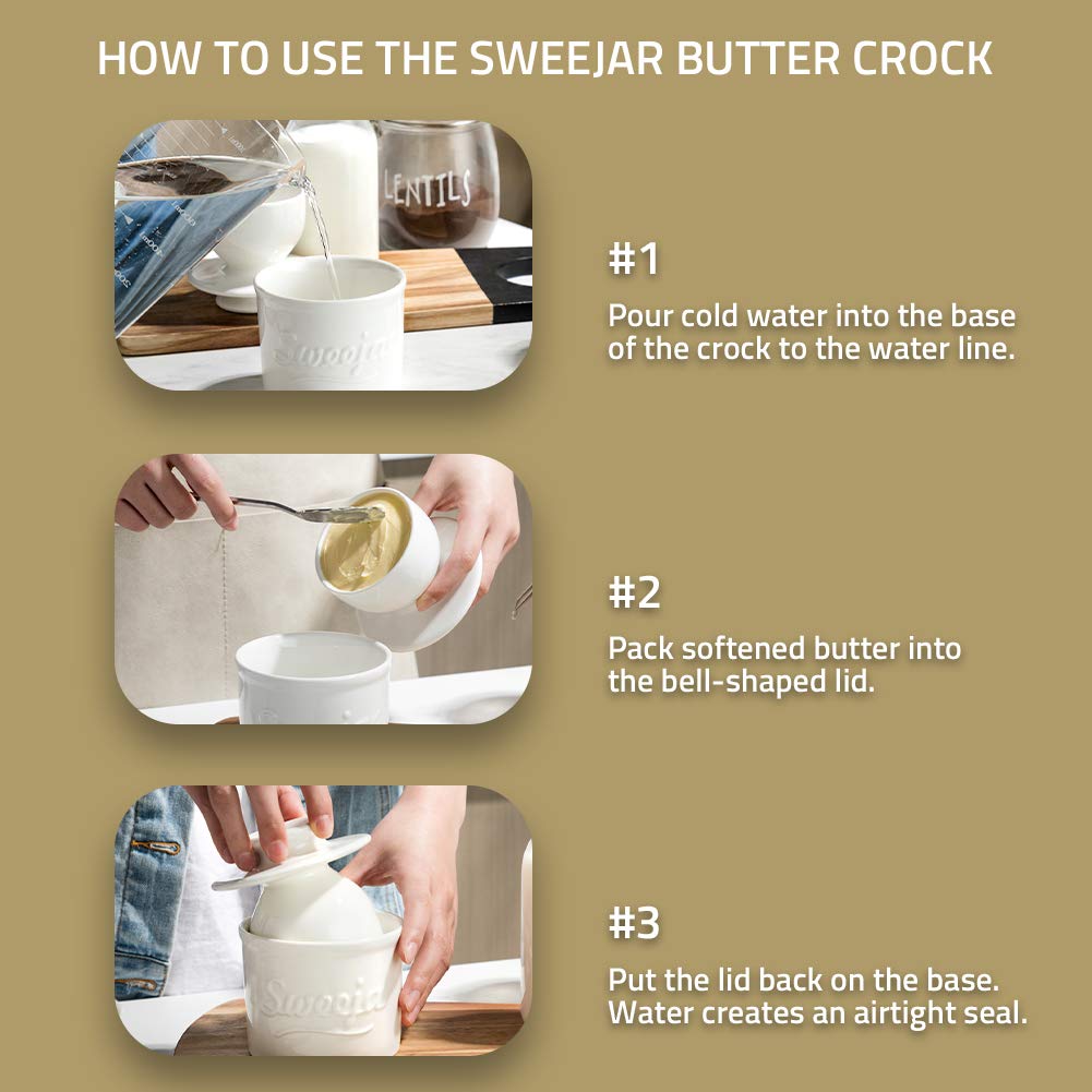 Sweejar Porcelain Butter Crock Keeper, French Butter Dish Keeps the Butter Fresh Soft & Spreadable, Serving Butter Easy for Bread Lovers Breakfast Kitchen Counter (Yellow)