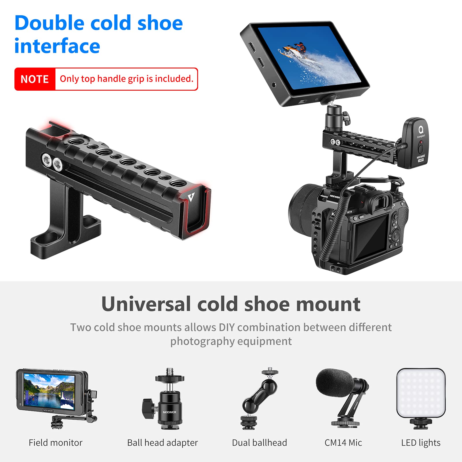 Neewer Top Handle Grip, Video Camera Cage Handle with Locating Holes, 1/4" & 3/8" Mounting Screws, and Cold Shoes for LED Light, Monitor, Microphone, Compatible with SmallRig Camera Cage - VS104