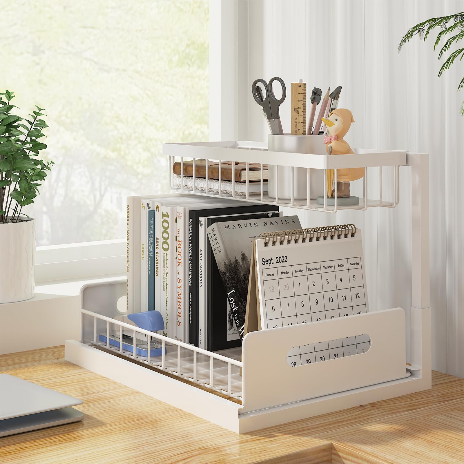 REALINN Under Sink Organizer, Pull Out Cabinet Organizer 2 Tier Slide Out Sink Shelf Cabinet Storage Shelves, Under Sink Storage for Kitchen Bathroom Cabinet, White, 2 Pack