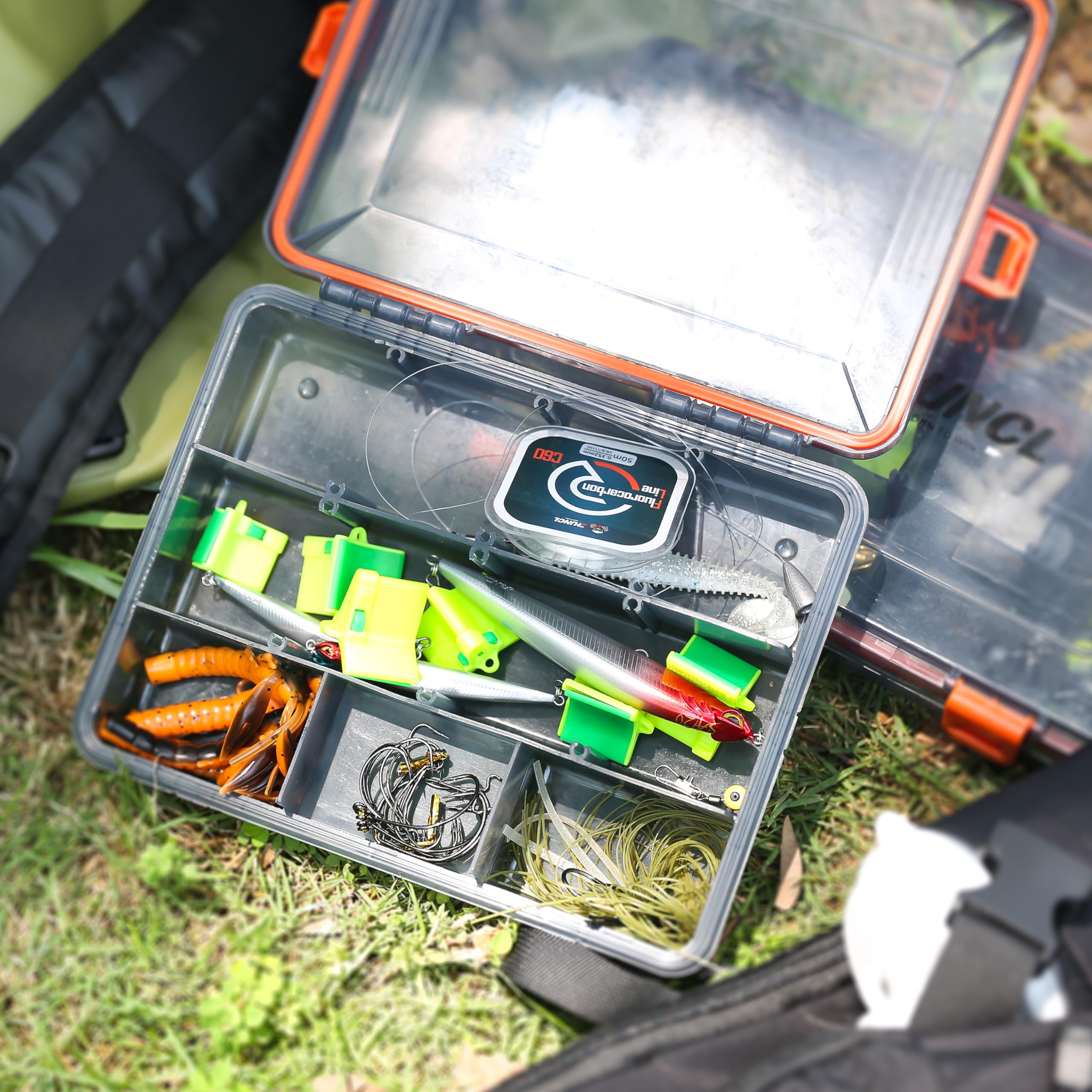 RUNCL Fishing Tackle Box, Waterproof Airtight Stowaway, 3600/3700 Tray Tackle Box with Adjustable Dividers, Plastic Storage Organizer(3700 and 2pcs smaller 3600)