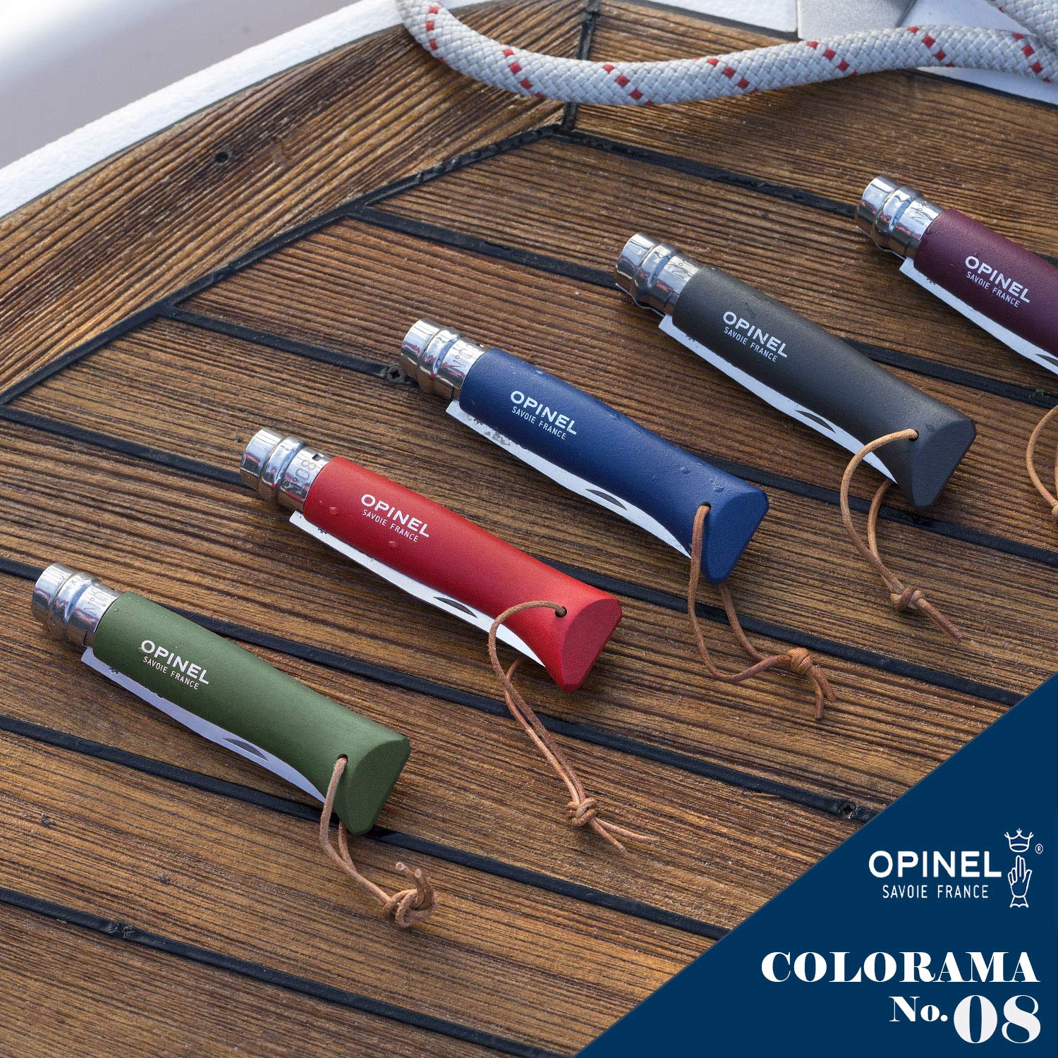 Opinel Colorama Series No. 8 - Stainless Steel Everyday Carry Folding Pocket Knife with Leather Strap, Painted Hornbeam Handles, Deep Blue