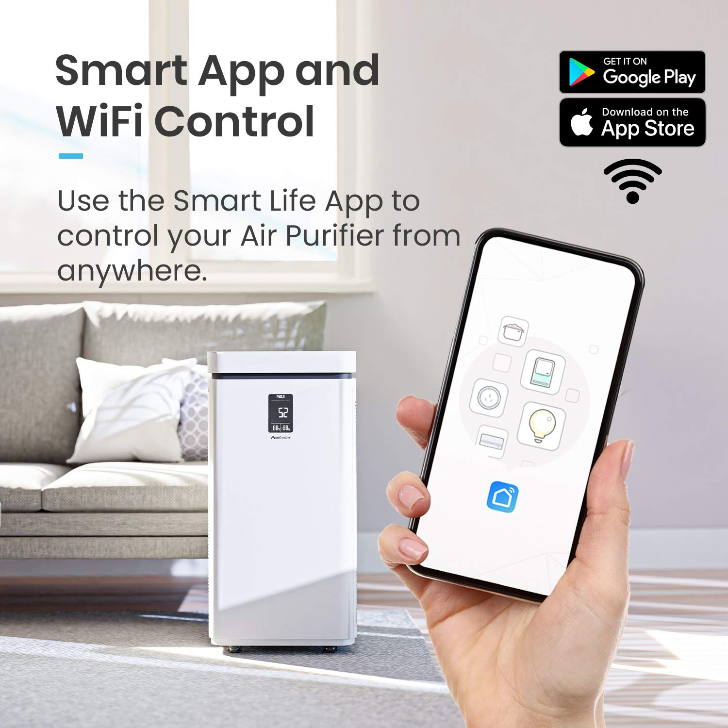 Pro Breeze Large Air Purifier True HEPA H13 Filter - WiFi and Smart App Air Purifier with 2000 Sq Ft Coverage, 800 CADR & 6 HEPA, Activated Carbon Layers - HEPA Air Purifiers for Home Office