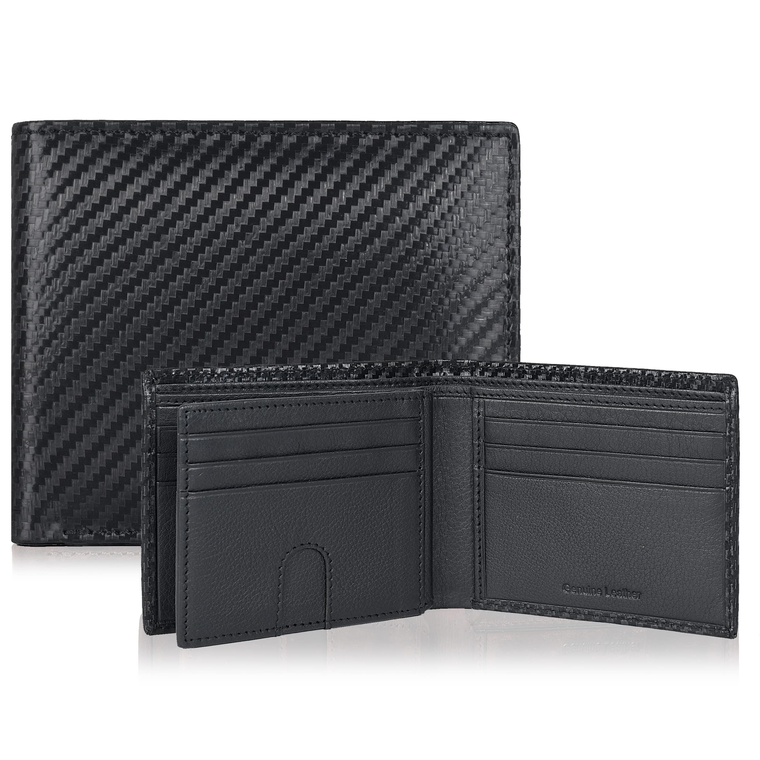 Real Leather Bifold Wallet for Men - Billfold Wallets with Credit Cards 1 ID Window Slim Minimalist Front Pocket (Pitch.)