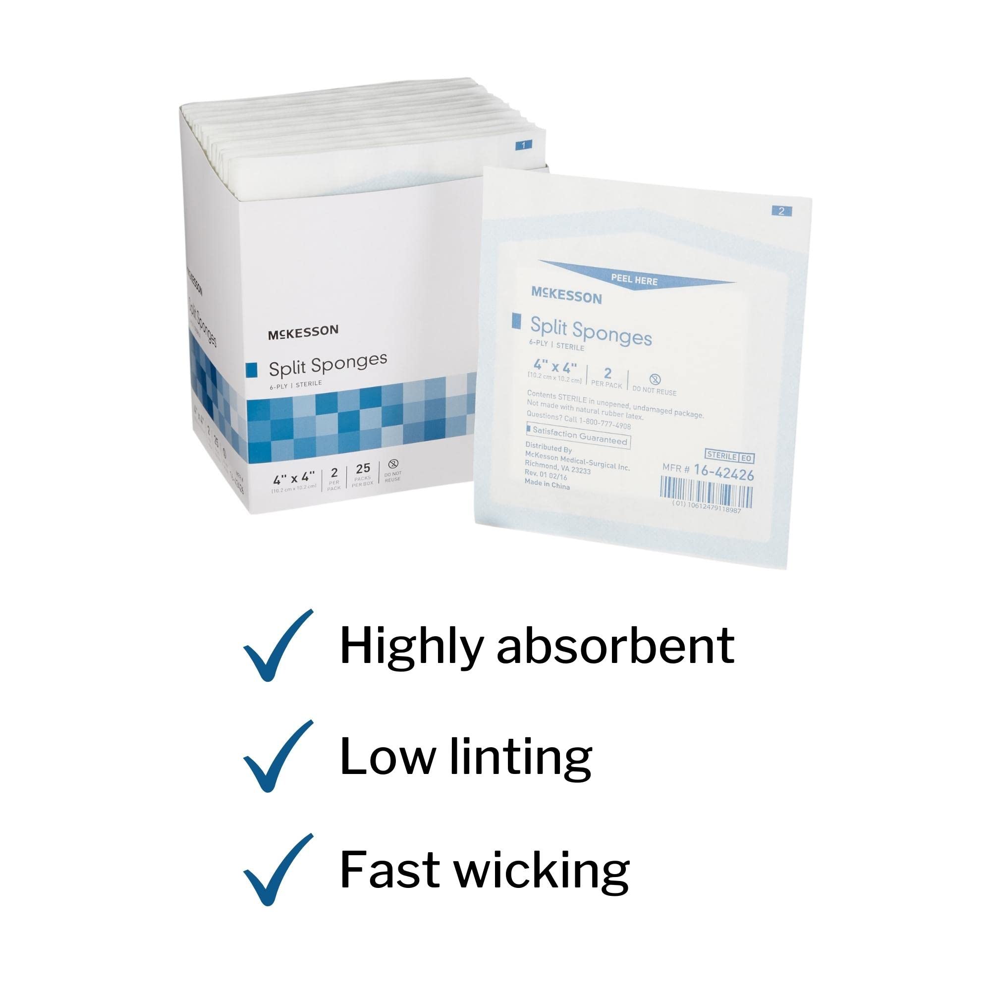 McKesson Split Sponges, 6-Ply Sterile, I.V. and Tracheostomy Dressings, Polyester / Rayon Blend, 4 in x 4 in, 2 per Pack, 300 Packs, 600 Total