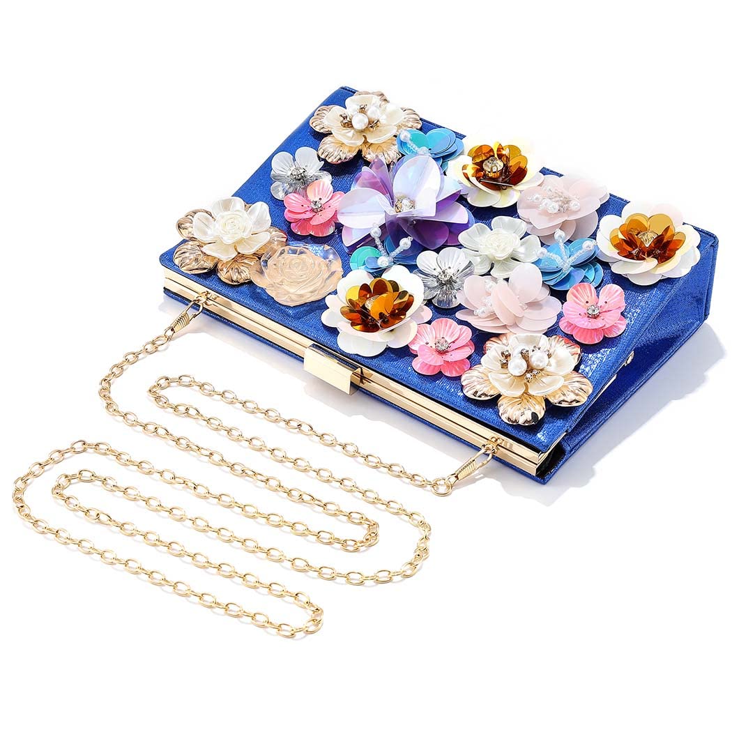 Yokawe Women's Evening Bag Flowers Clutch Purses Floral Bride Wedding Cocktail Handbags (Blue)