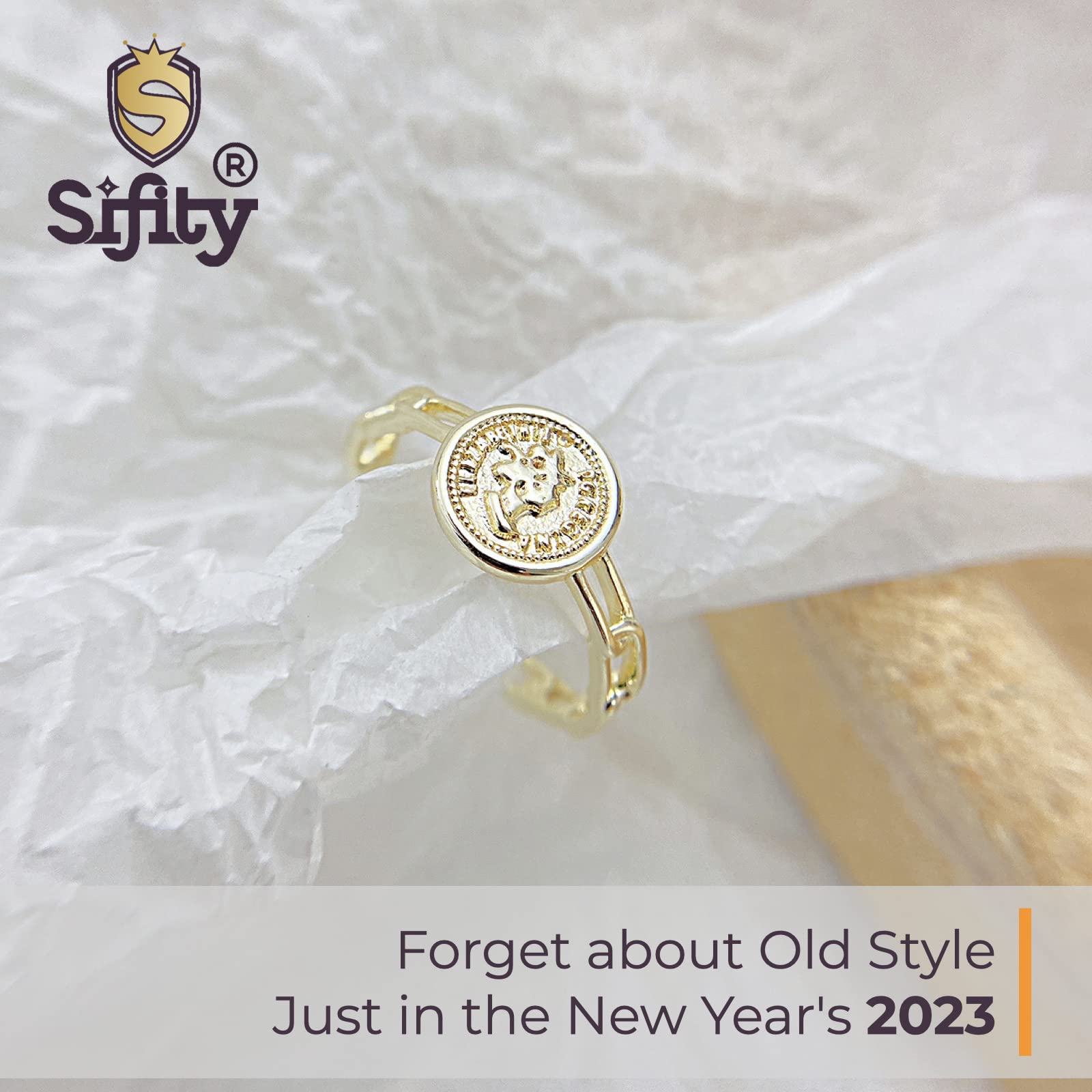 Sifity 2023 Fashion Open Link Chain Ring for Women 18K Gold Plated Trendy Rings Stackable | Anillos Para Mujer (Blue Gift Box with LED Light)
