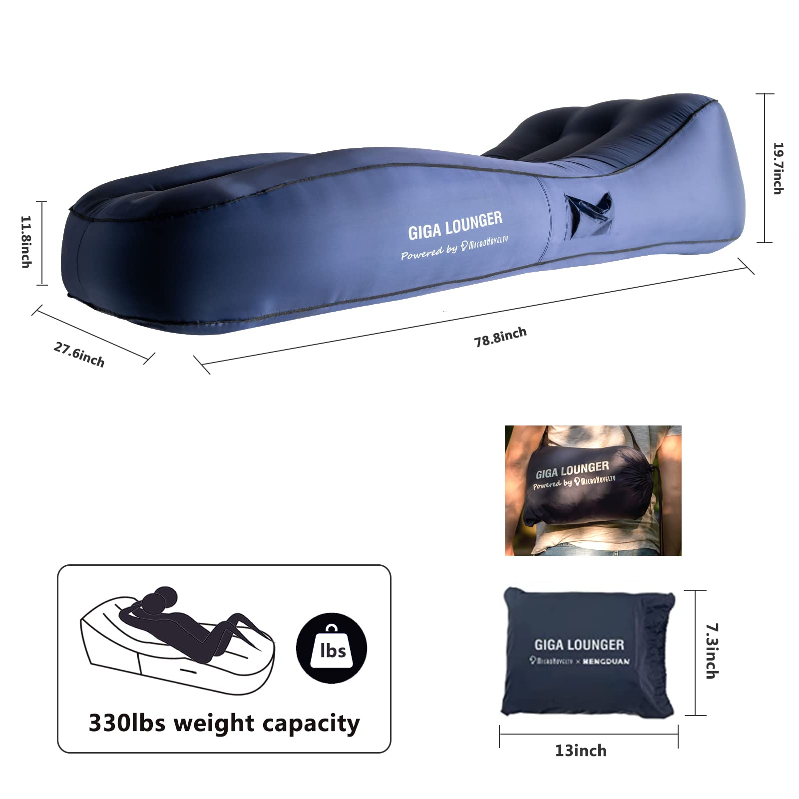 SAPHALTON Inflatable Lounger Air Sofa, Automatic Inflatable Chair, Blow Up Couch for Camping, Traveling, Outdoor, Hiking, Picnic, Backyard, Navy Blue
