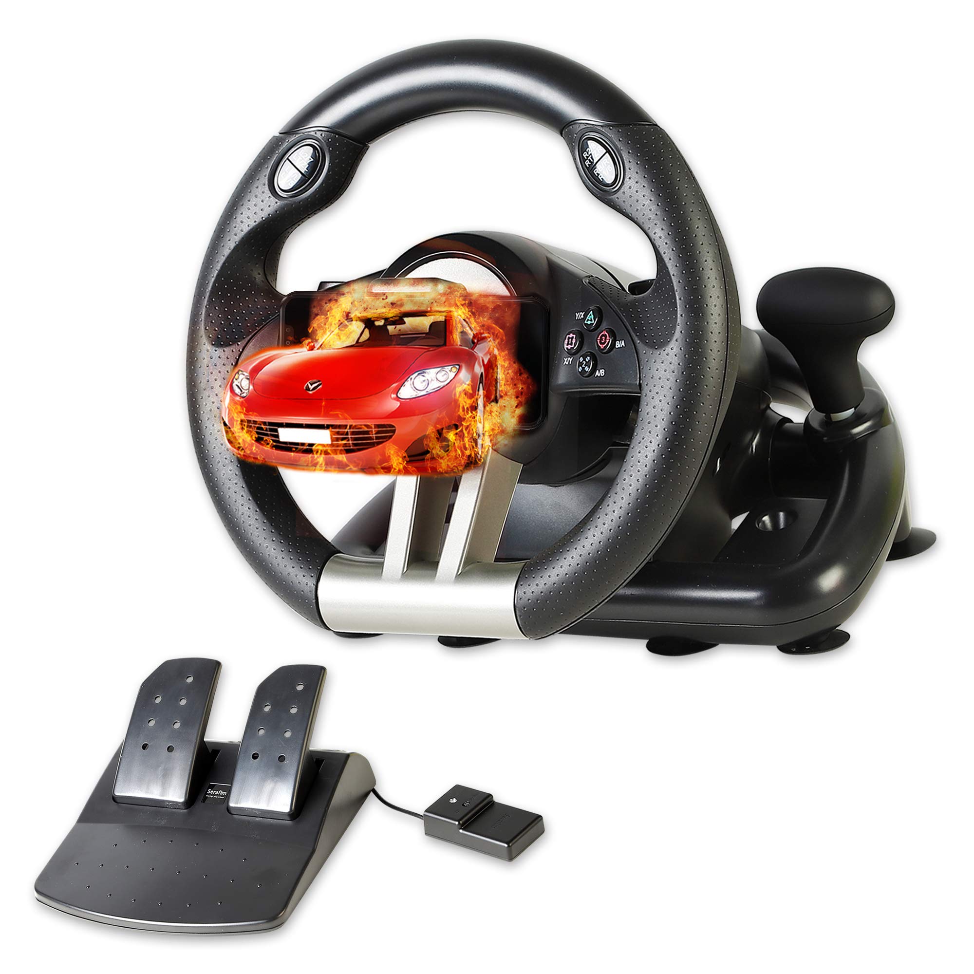 Serafim R1+ Racing Wheel 2021 Ver. - Steering Wheel with Sensitive Pedal – fully supports : XBOX ONE, XBOX Series X&S, PS4, PS3, Switch, PC, iOS, Android - Xbox One Steering Wheel, PS4 Steering Wheel, PC Gaming Wheel