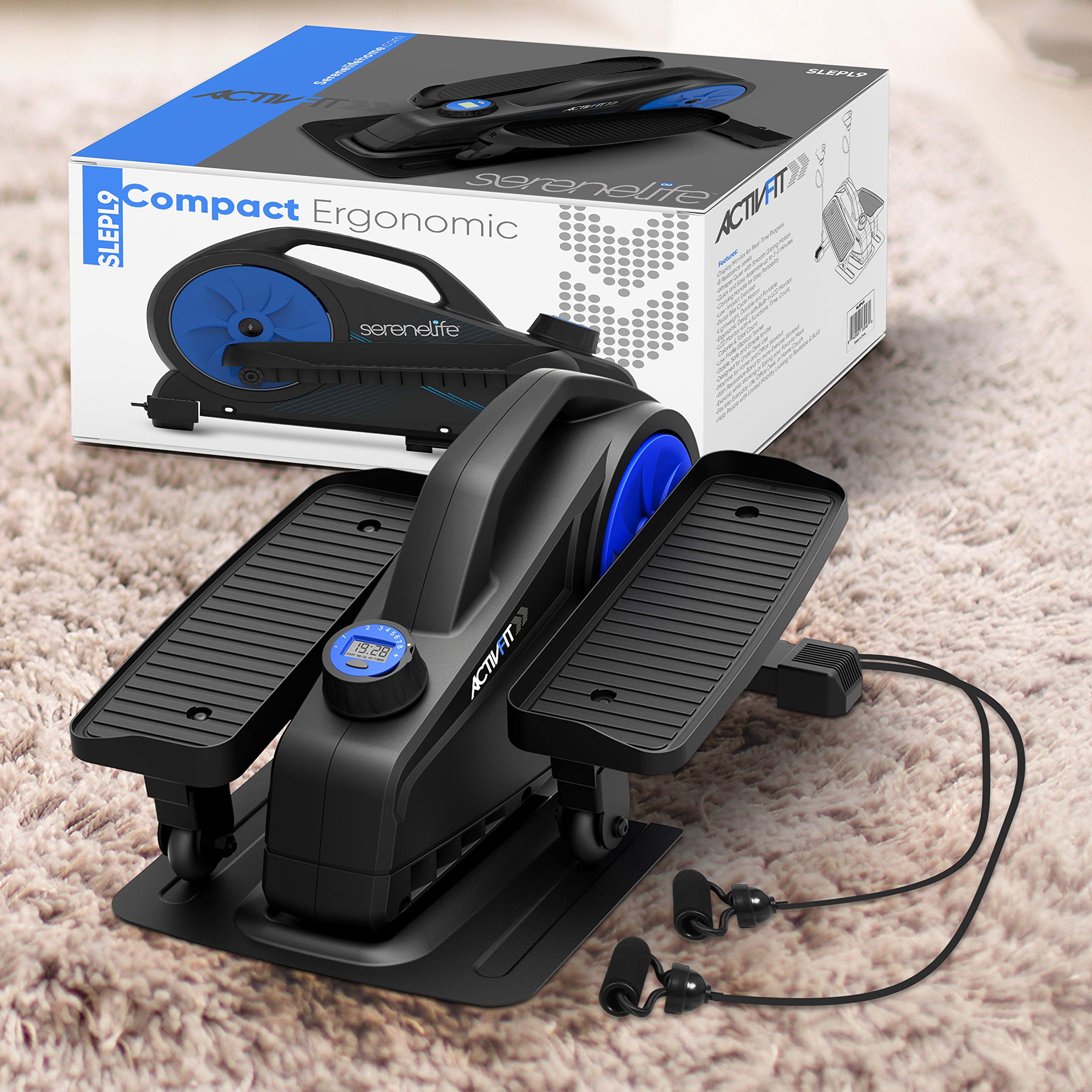 SereneLife Compact Ergonomic Seated Under Desk Exercise Elliptical Machine Mini Exerciser with 8 Resistance Level, Resistance Band LCD Monitor Home Office Leg Exercise Equipment for Seniors Adults