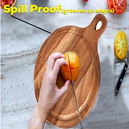 Wood Pizza Peel Round Cutting Board for Kitchen Cheese Paddle Board Bread &Crackers Platter for Serving & Minor Food Prepare with Handle & Side Grooving (12 Inches)