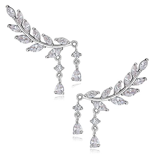 Wedding Earrings for Brides Crystal Leaf Dangle Earrings Rhinestones Crawler Earrings Prom Jewelry (silver-drop)