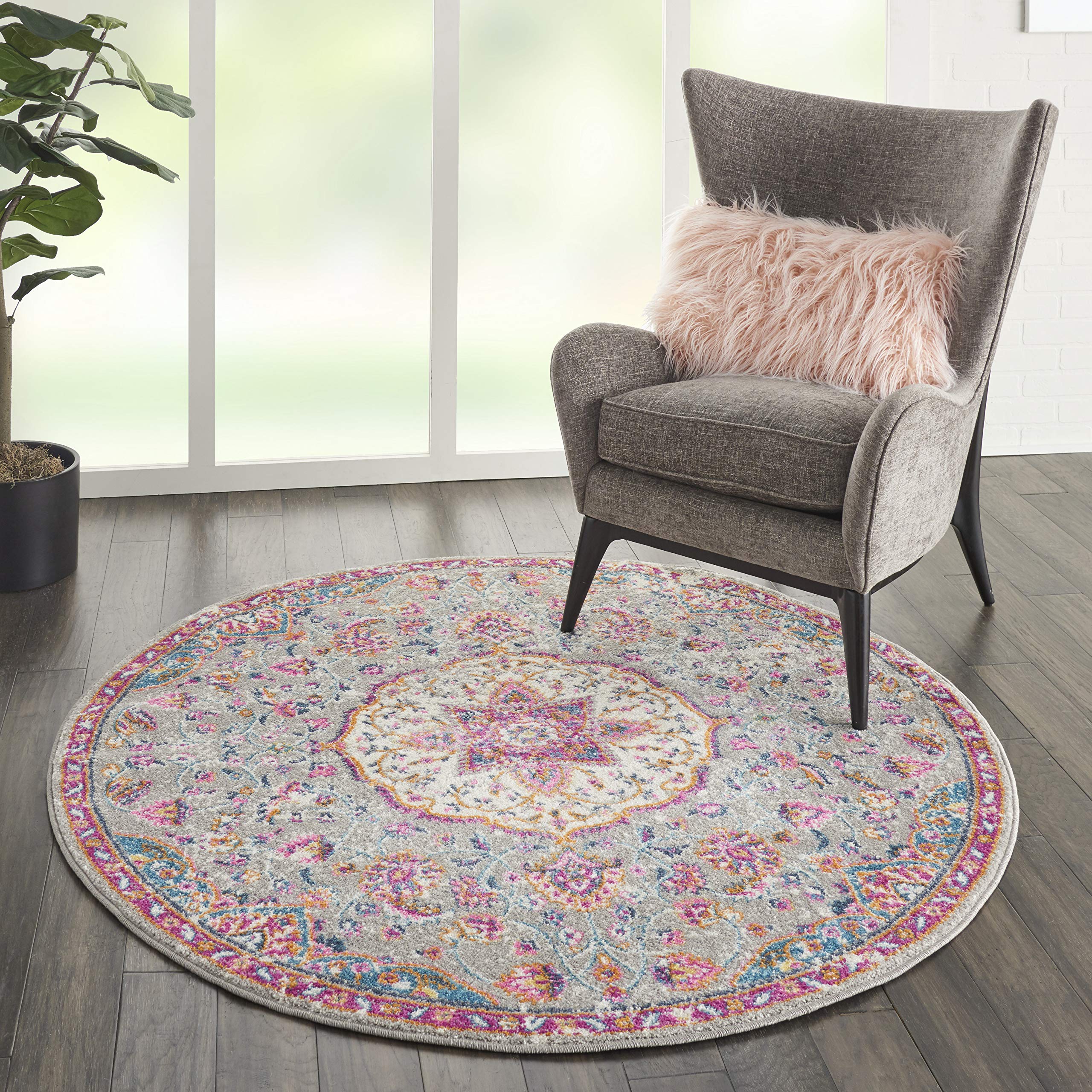 Nourison Passion Grey/Multi 4' x Round Area -Rug, Farmhouse, Transitional, Bed Room, Living Room, Dining Room, Kitchen, Easy -Cleaning, Non Shedding, (4' Round)