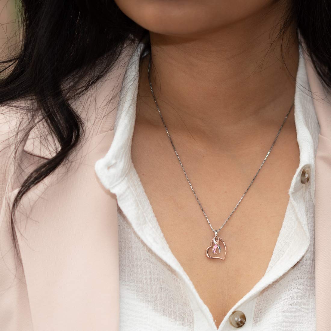 PEORA Breast Cancer Awareness Heart Ribbon Fight, Hope, Survive Pendant Necklace for Women with Created Pink Sapphire, Sterling Silver