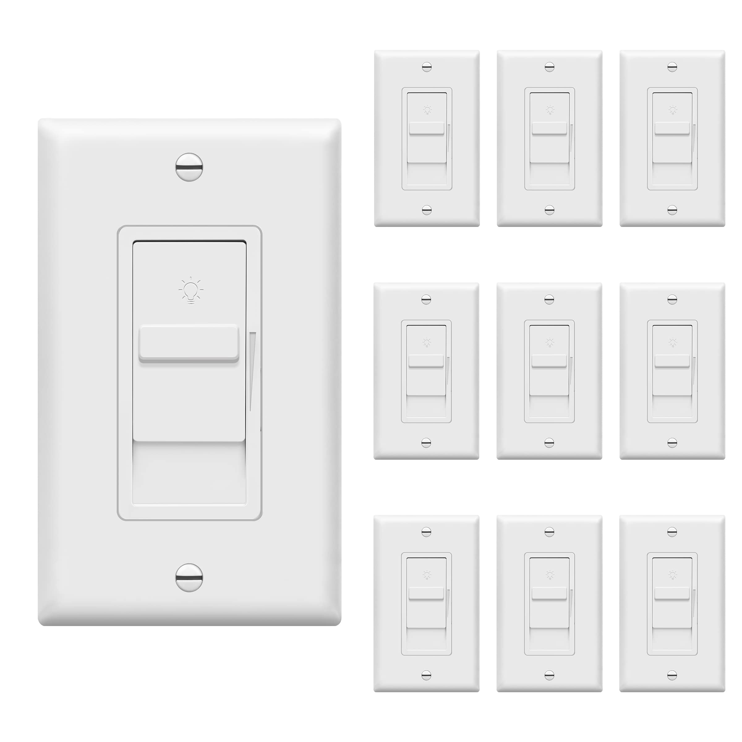 TOPGREENER Digital Dimmer Light Switch for 200W Dimmable LED/CFL Lights, Single Pole Led Slide Dimmer Switch, Neutral Wire Not Required, Wall Plate Included, UL Listed, TGDS1-W-10PCS, White,10 Pack