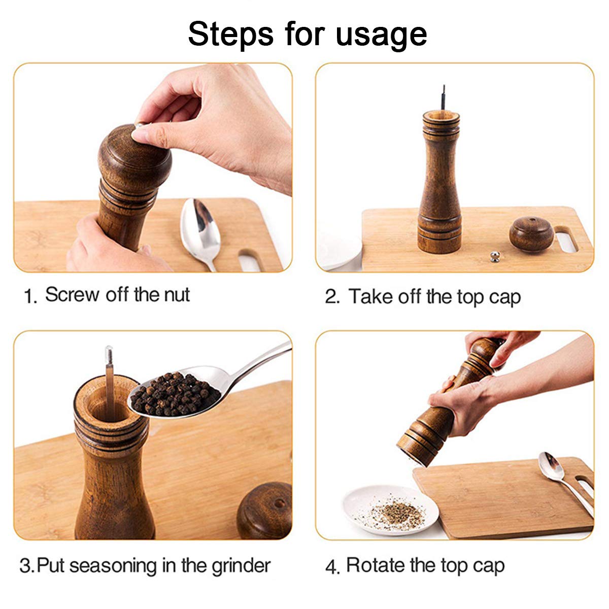 Wood Salt and Pepper Mill, Adjustable Coarseness Wooden Grinder Wooden Peppermill with Ceramic Grinding Core Refillable for Kitchen Picnic BBQ Restaurant Parties - 10 inch
