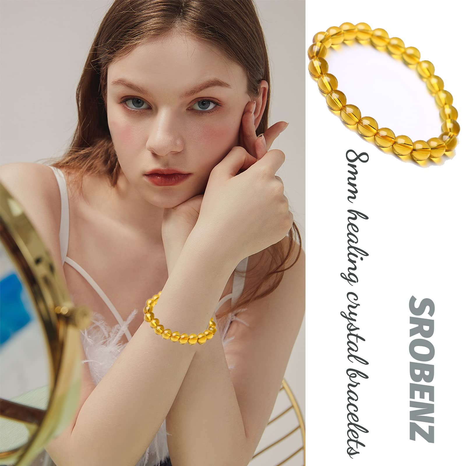 SROBENZ 15 PCS Crystal 8mm Round Beaded Bracelet Set Healing Glass Stretch Bracelets for Women Men Round Beads Elastic Bracelets