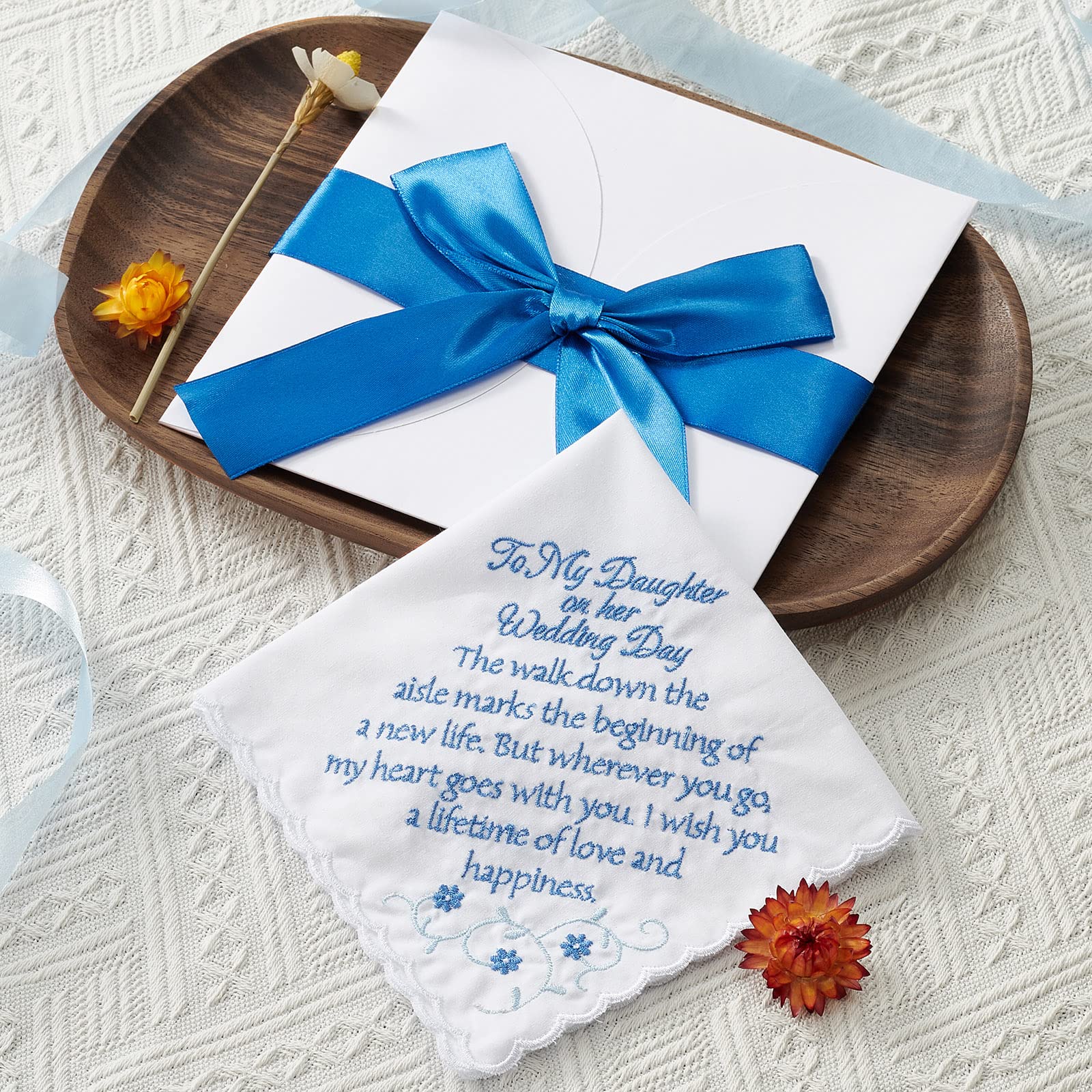 Wedding Handkerchief to My Daughter on Her Wedding Day Something Blue Bride Gift Embroidered Handkerchief (Style A)