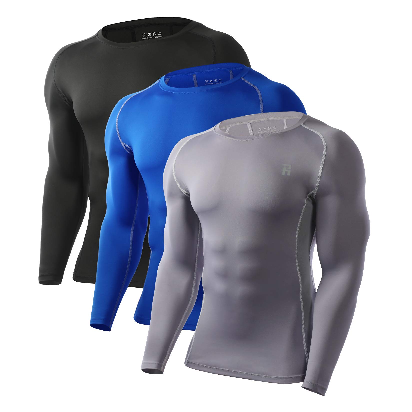 Runhit Long Sleeve Compression Shirts for Men (3 Pack) Athletic Workout Quick Dry Base Layer Shirt (XL,Black,Blue,Gray)