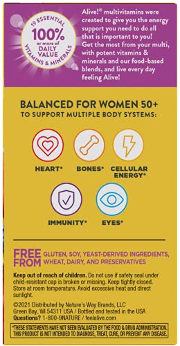 Nature's Way Alive! Women's 50+ Complete Multivitamin, Supports Healthy Heart, Brain, Bones*, B-Vitamins, Gluten-Free, 50 Tablets (Packaging May Vary)