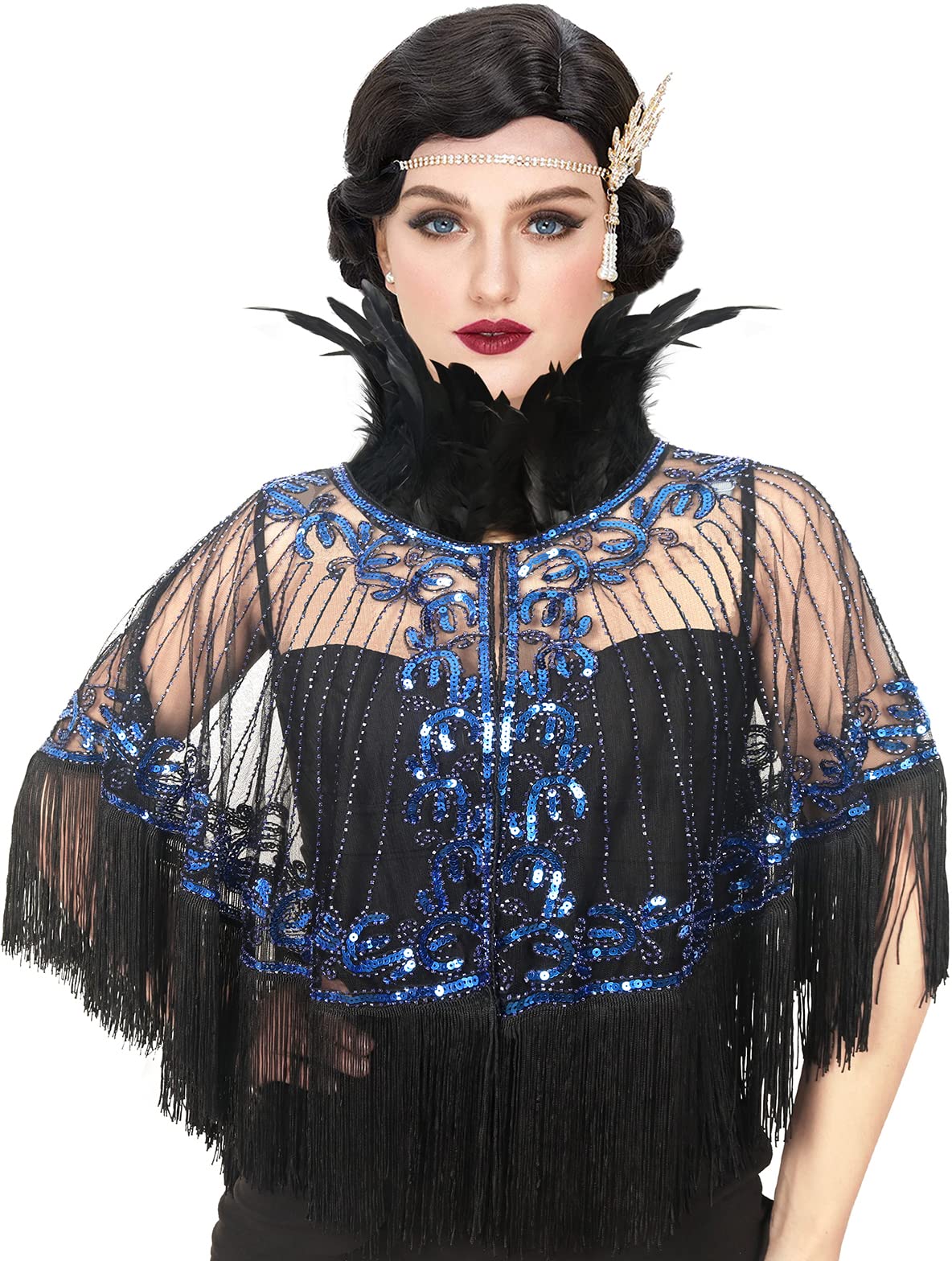 Women's 1920s Shawl Wraps Sequin Shawl Beaded Evening Cape Bolero Flapper Cover Up for Wedding Party-Black