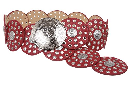 Women's 3 1/2" (90 mm) Wide Boho Disc Concho Leather Belt, Red | xxxl - 54" (137 cm) end-to-end