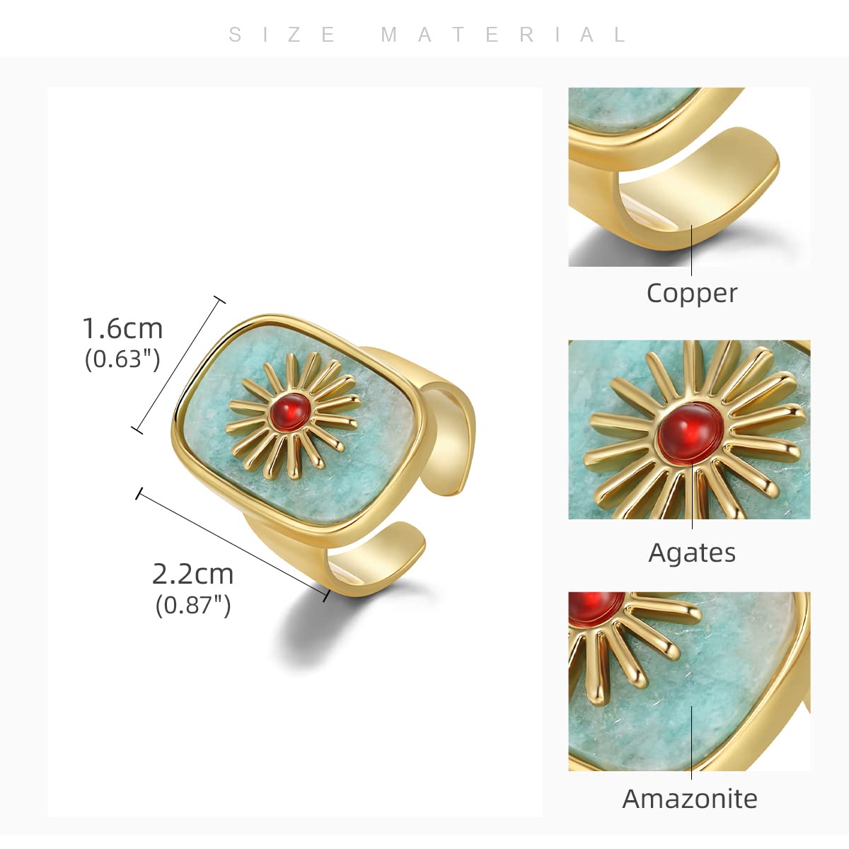 VIENNOIS Healing CrystalStone Amazonite Turquoise with Sun Shape Agate Adjustable Open Wide Gemstone Ring Handmade Jewelry