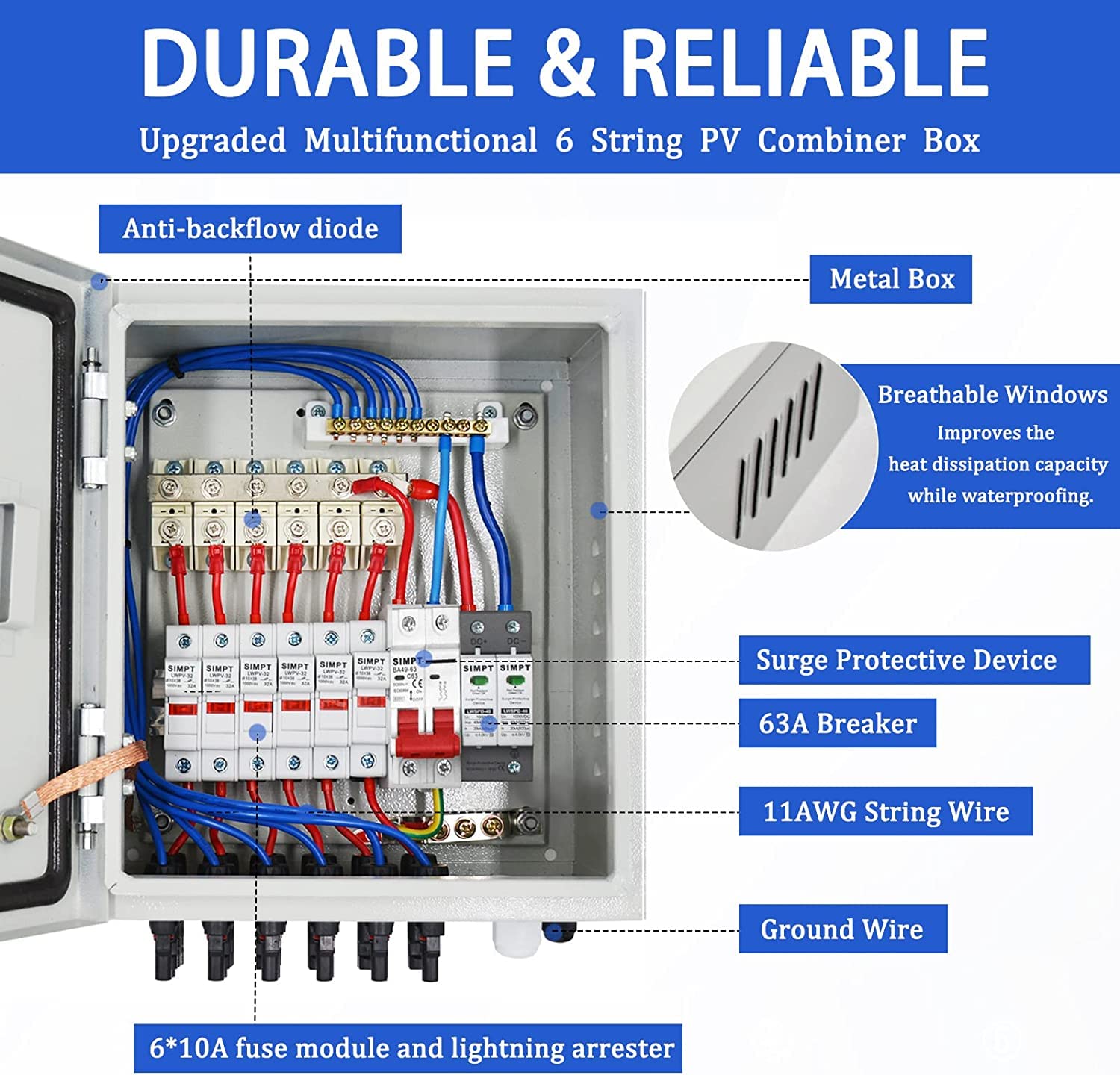 PV Combiner Box, 6 String Waterproof Solar Combiner Box with Circuit Breaker LED, 10A Rated Current Fuse with Lightning Arrester and 63A DC Breaker Solar Connector for On/Off Grid Solar Panel System