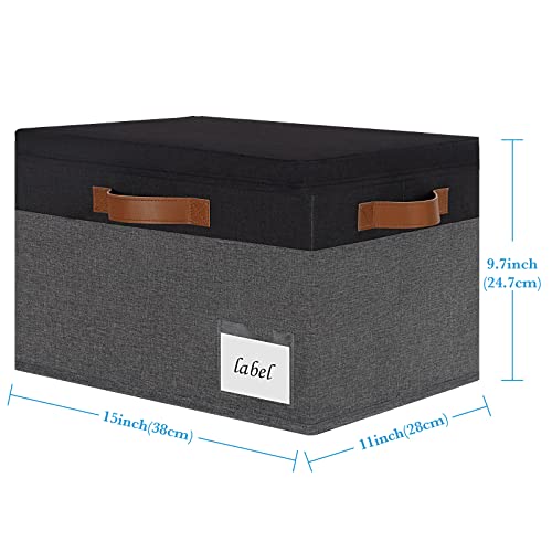 PFFVRP Large Storage Bins with Lids, Foldable Fabric Storage Baskets with Lids, Sturdy Storage Boxes with Labels and 3 PU Handles for Closet Home Bedroom Office (26L, Grey&Black)