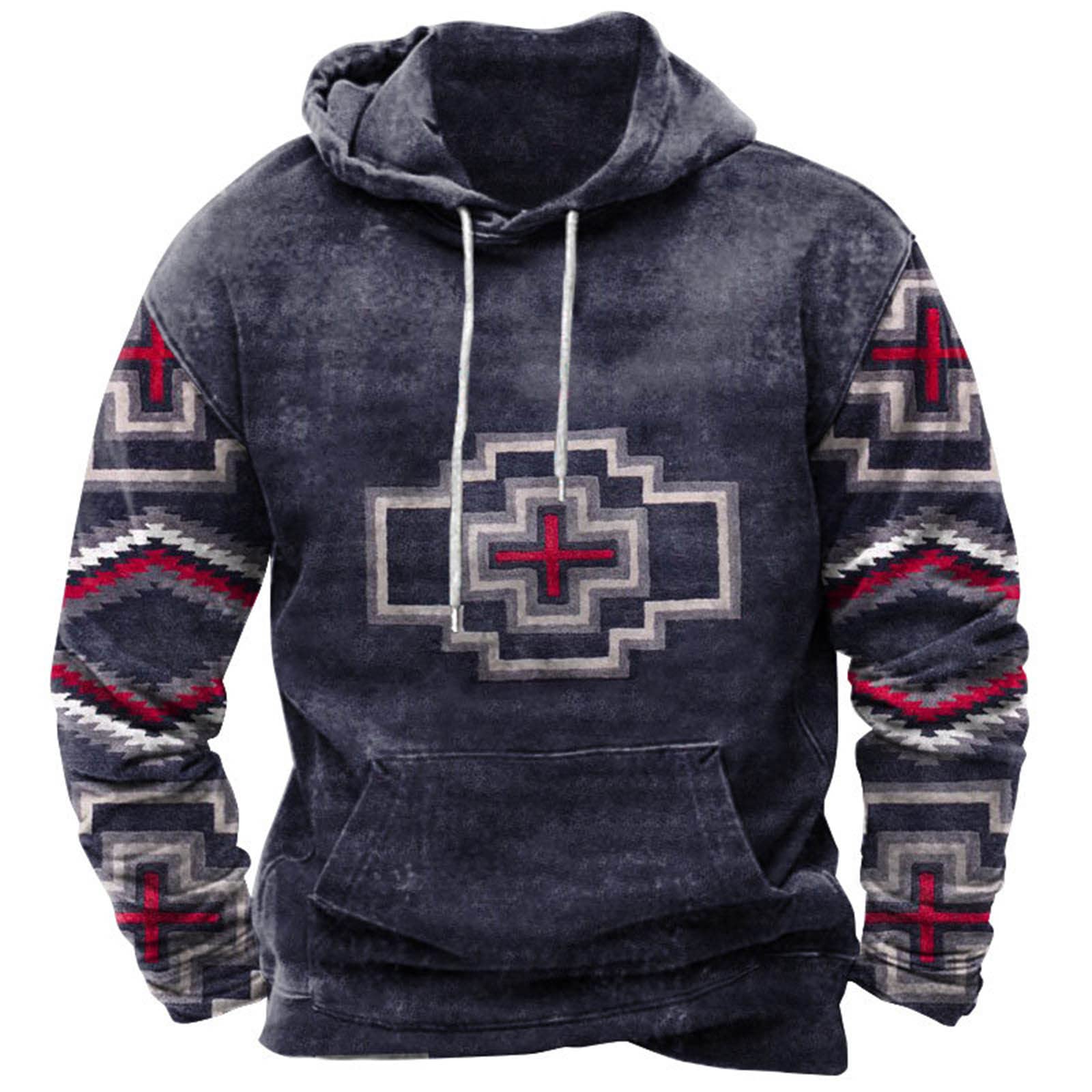 Muscularfit todays daily deals Mens Hoodies Pullover Lightweight Western Aztec Ethnic Hooded Sweatshrits Casual Slim Ethnic Print Graphic Hoodie vintage crewneck sweatshirt men Navy M