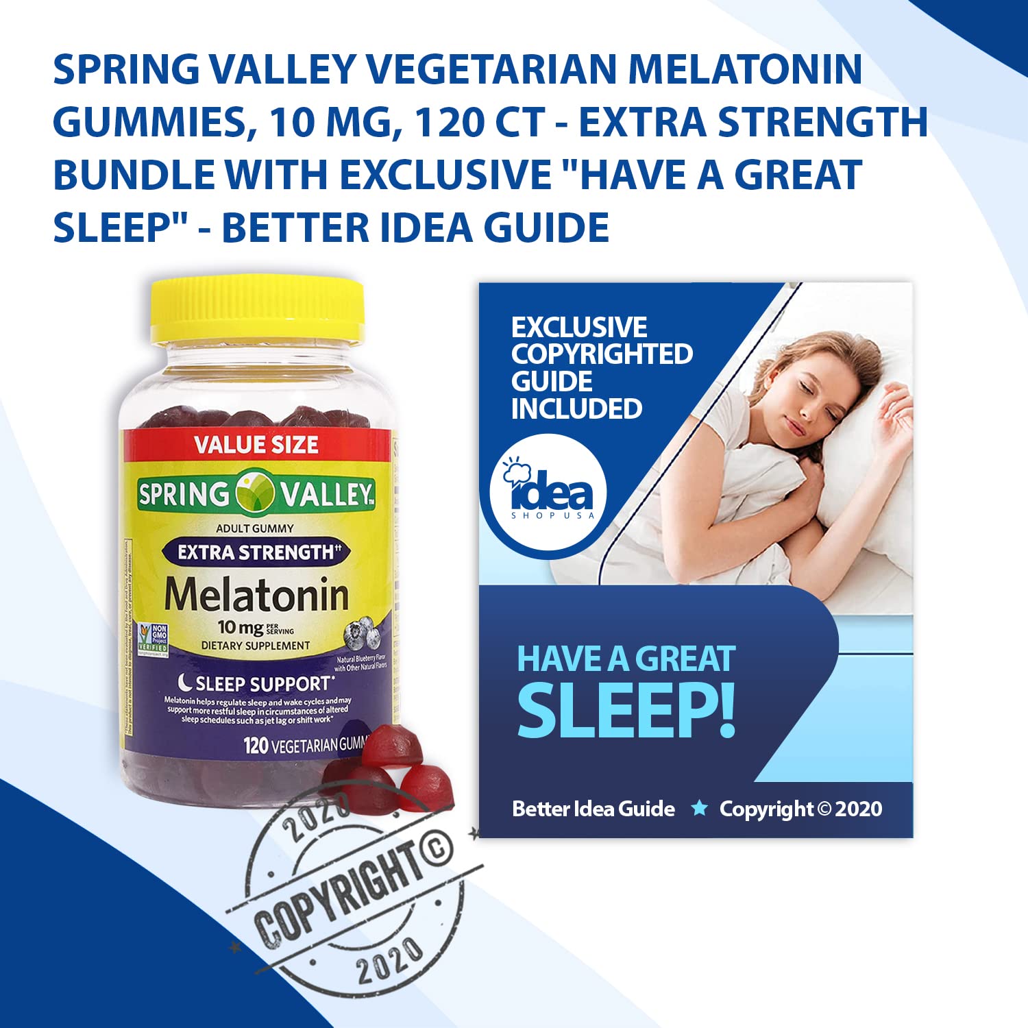 Spring Valley Vegetarian Melatonin Gummies, 10 mg, 120 ct - Extra Strength | 1 Pack 120 ct + “Have a Great Sleep - Better Idea Guide©”