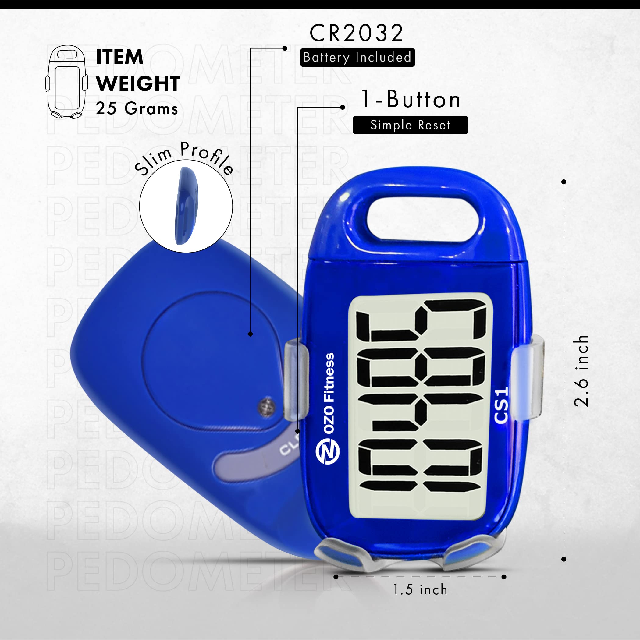 OZO Fitness CS1 Easy Pedometer for Walking - Step Counter with Large Display, Clip on and Lanyard (Blue)