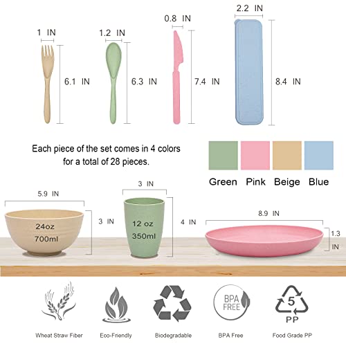 Wheat Straw Dinnerware Sets - Unbreakable Dinnerware Dishes Set for 4 (28-Pc) - Adult & Kids Plates and Bowls Sets - Plastic Plates Reusable, Cups, Cereal Bowls - Microwave Safe