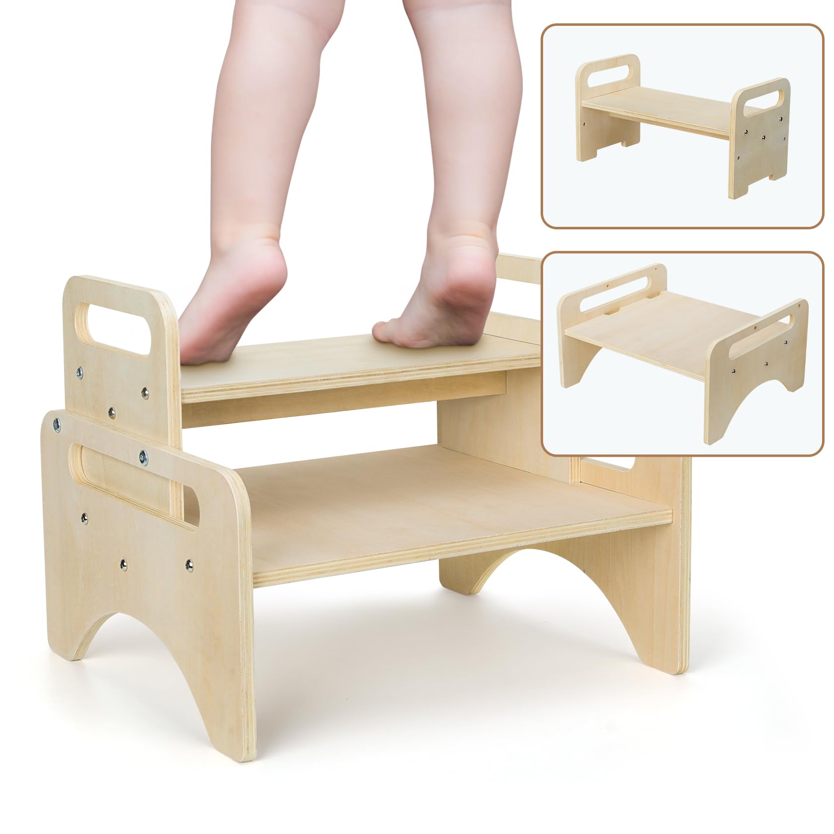 QZMTOY Wooden Toddler Step Stool for Kids, Multifunctional Two Step Stools with Safety Non-Slip Mats for Safety and Handles, Two One Step Stool for Adults Bathroom, Kitchen and Toilet Potty Training